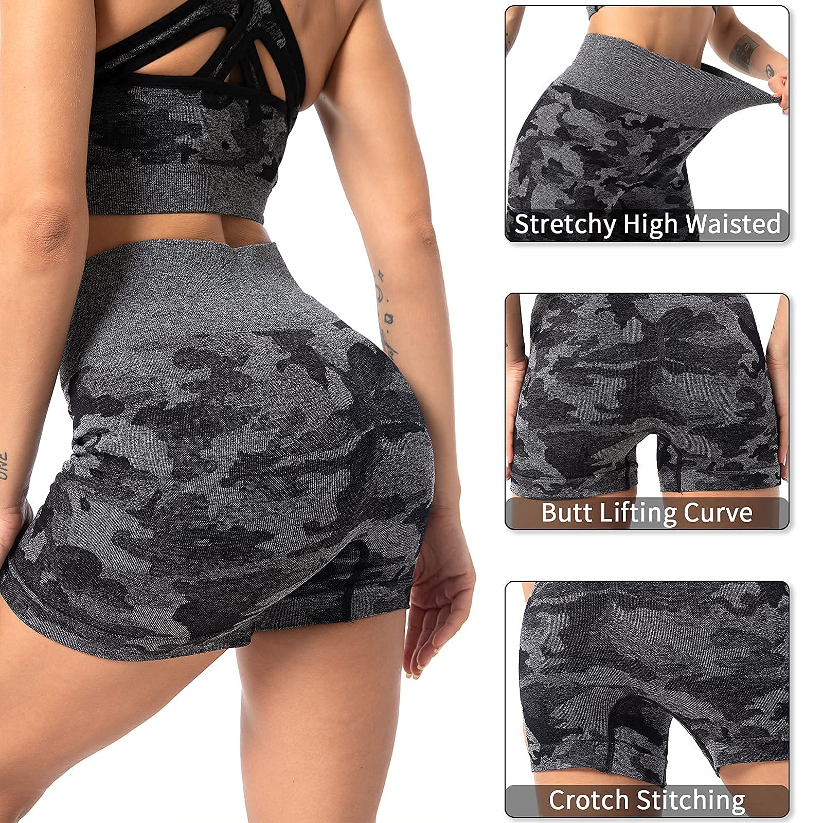 ANEDIT Women's Seamless Workout Yoga Shorts High Waist Camo Vital Athletic Gym Sport (Black,S)…