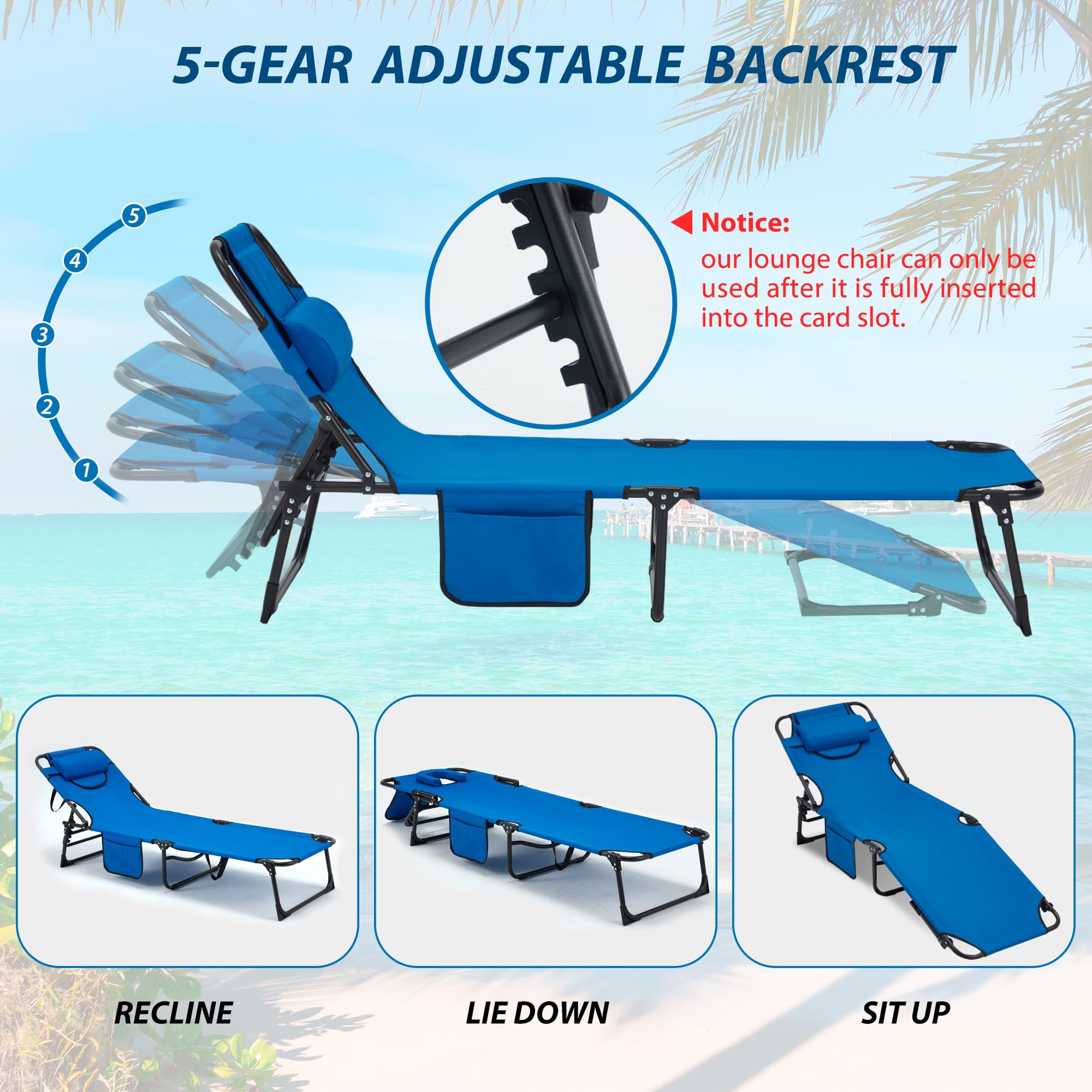 Candockway 5-Fold Lounge Chair, Outdoor Tanning Chair with Face Hole, Support 450lbs, Non-Slip Foot & Portable Handle, 2 Function Pockets Portable Chaise for Beach, Patio(1, Blue)
