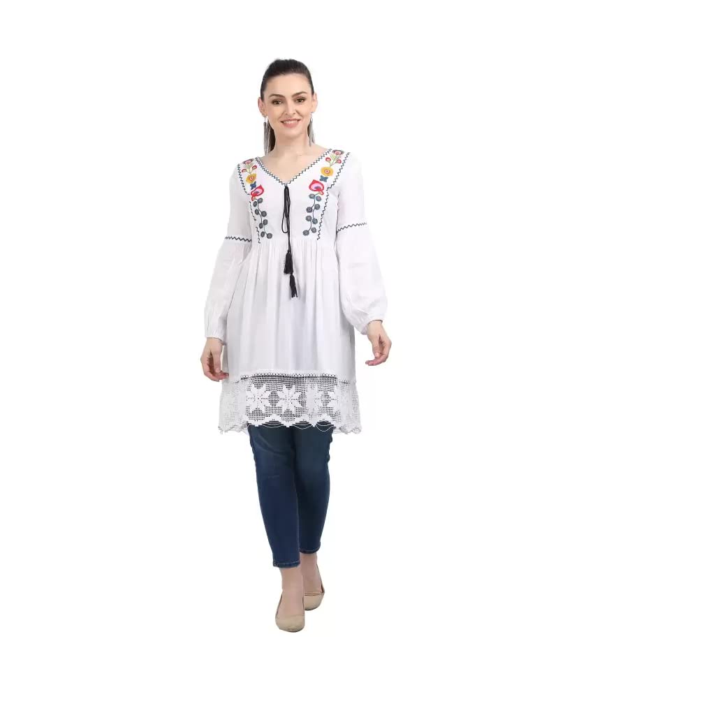 Anantdiva Women's Rayon Tops Short Kurta Kurti Indian Embroidery Summer Casual Tunic Kurta Kurti Tops for Women (as1, alpha, x_l, regular, regular, White)