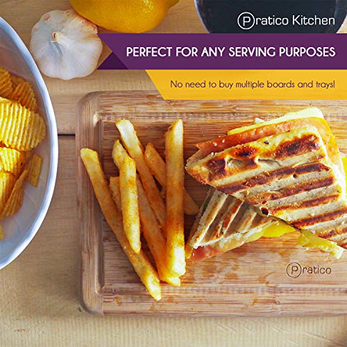 Pratico Kitchen Bamboo Cutting Board and Serving Tray with Juice Groove Set, 18 x 12 and 8 x 6 inch Boards