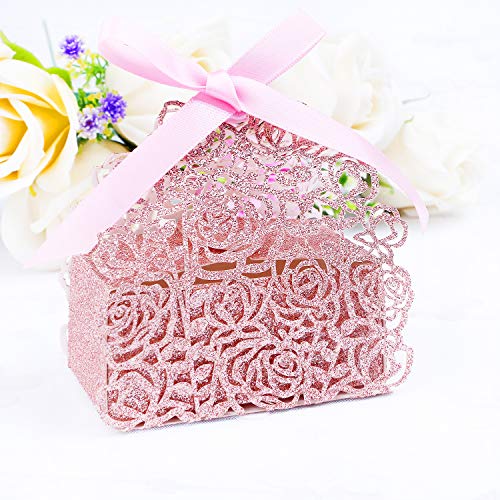 PONATIA 50 PCS Laser Cut Rose Gold Glitter Boxes with Pink Ribbons Wedding Party Favor, Wedding Gift Bags Chocolate Candy and Gift Boxes(Rose Gold Glitter)