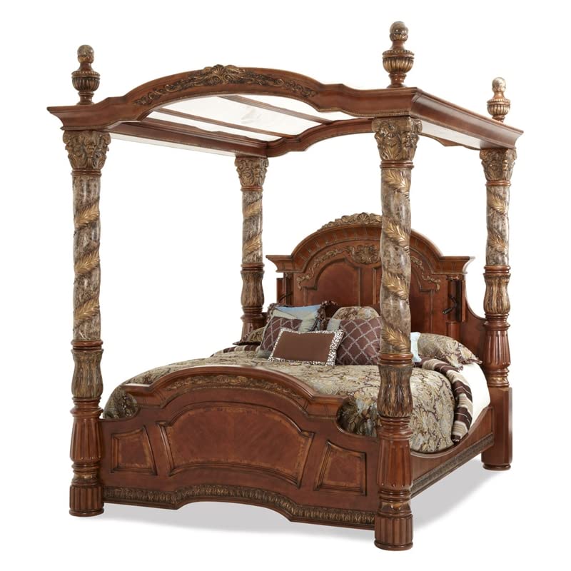 Michael Amini Villa Valencia Cal. King Wood Canopy Bed - Classic Chestnut