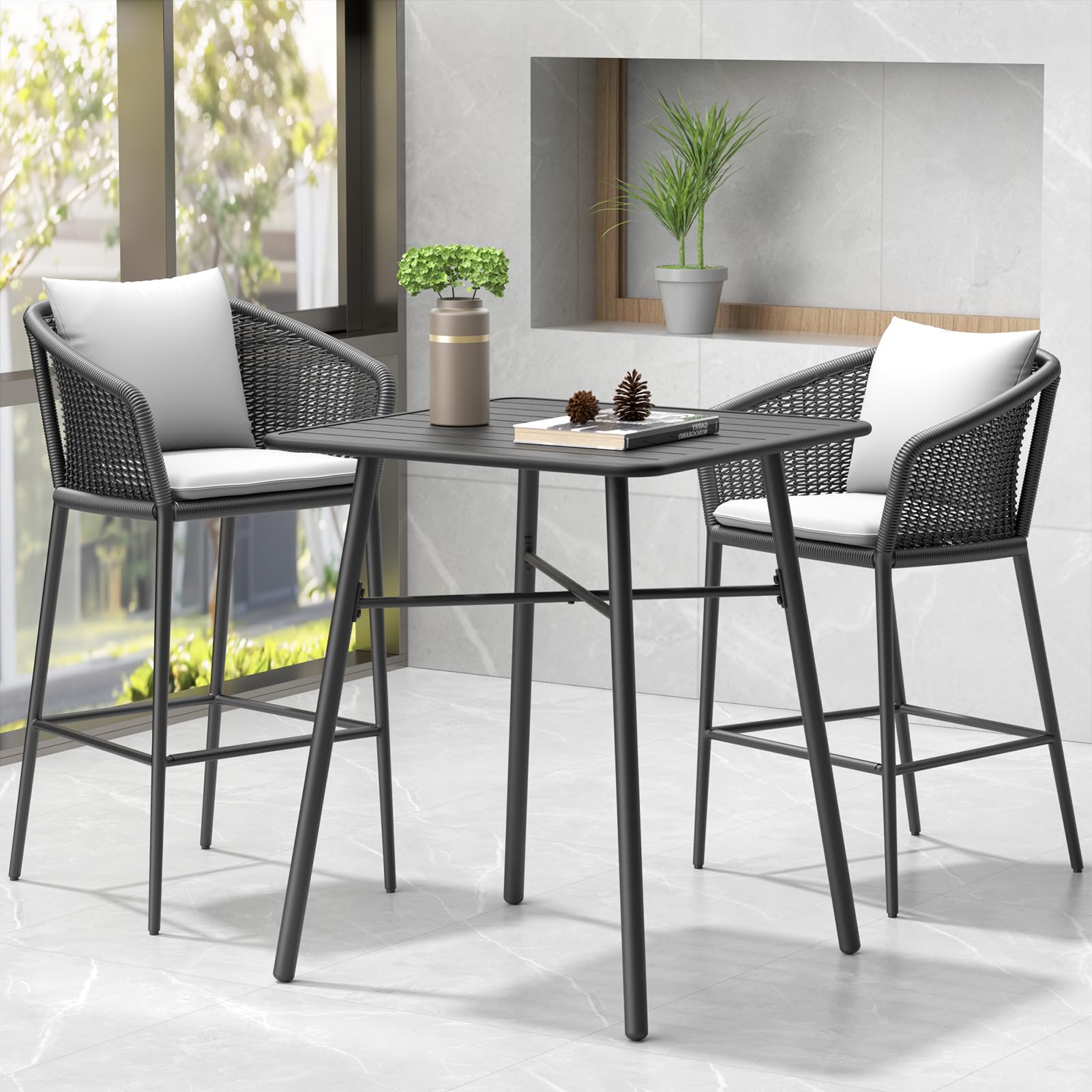 C-Hopetree 41" Counter Height Bar Table, Square Metal Pub Bistro Cocktail Table for Indoor Outdoor Use, Black