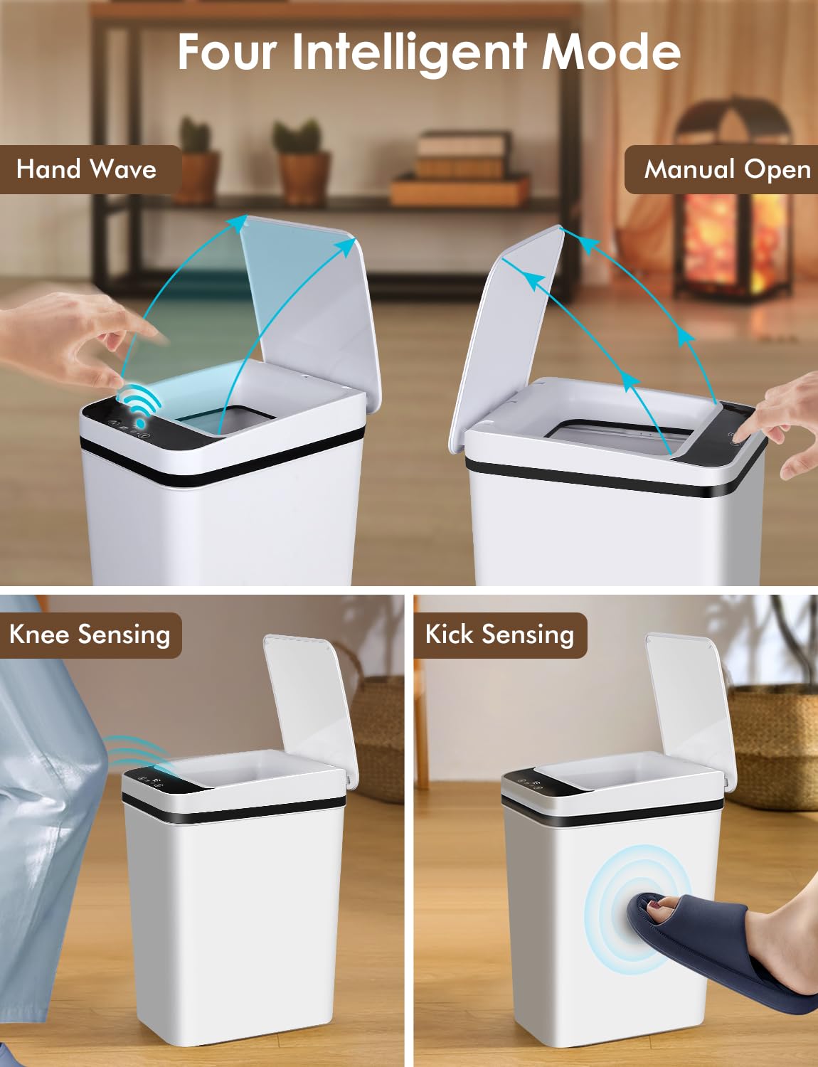 Tameler Automatic Bathroom Trash Cans with Lids - Touchless Motion Sensor, 2.5 Gallon + 4 Gallon, White, Plastic