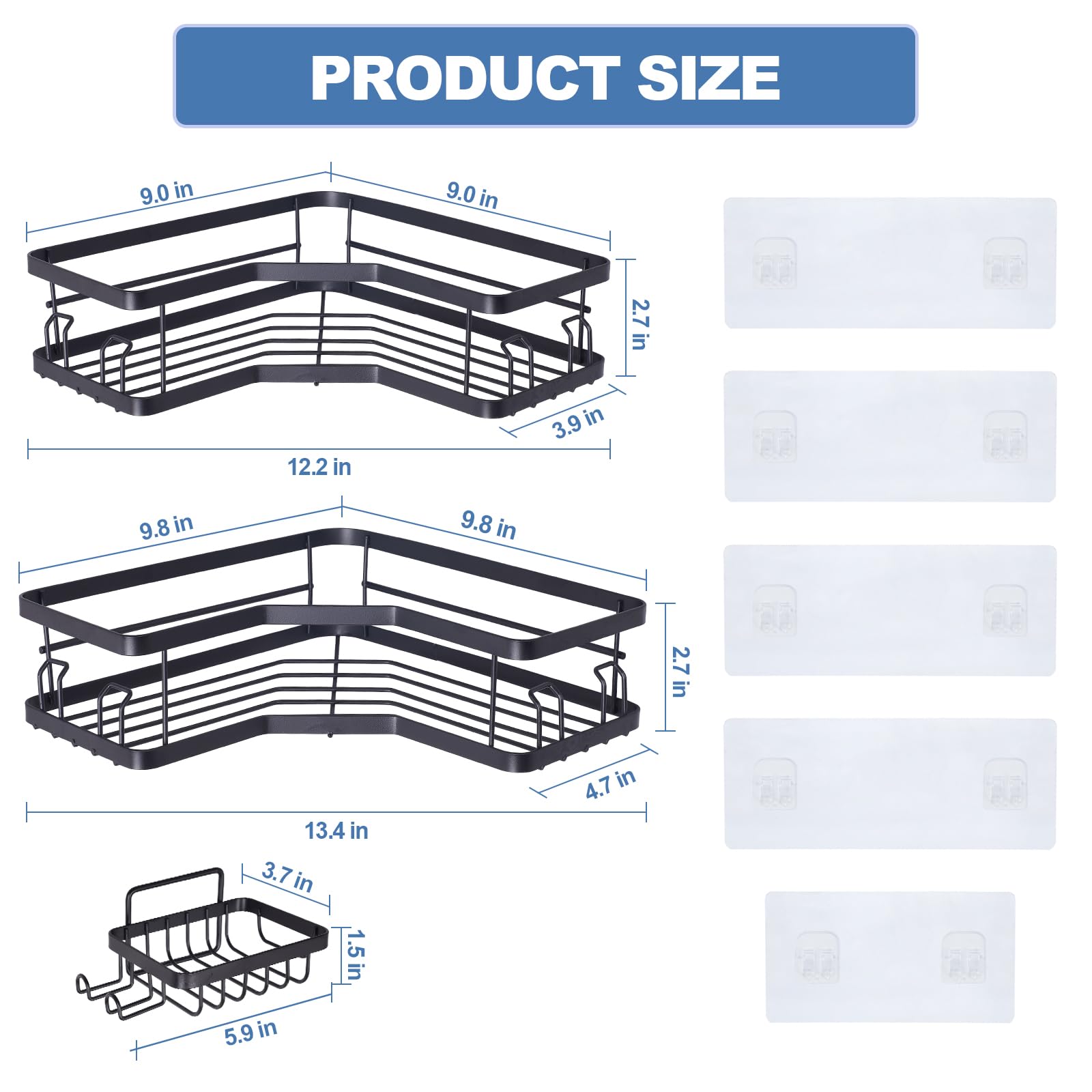 B BSIASIO Shower Car -3-Piece Set, With Soap Holder and Hook, Rust Resistant Stainless Steel Bathroom Shower Car, Non Drilled Wall Mount Bracket, Corner Shower, Black
