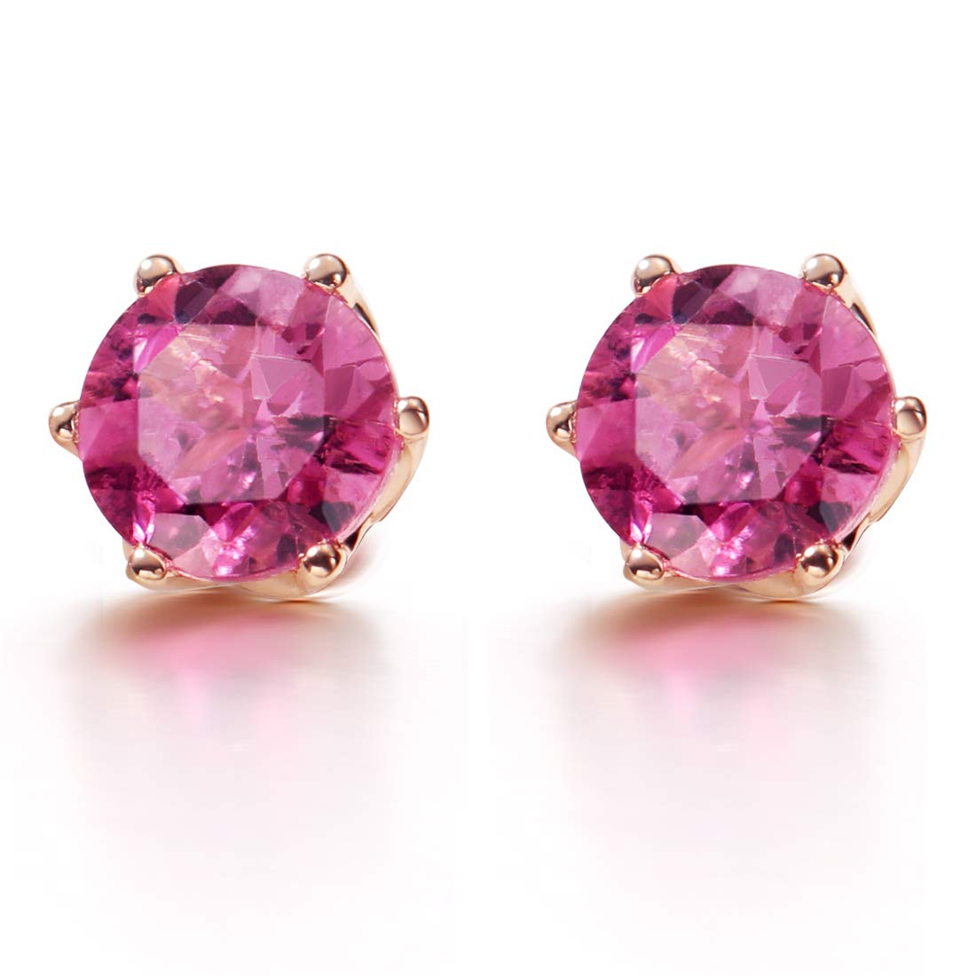 Agvana 14K Solid Rose Gold Solitaire Tiny Genuine 0.73Ct Pink Tourmaline Small Stud Earrings