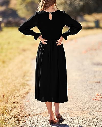 dowerme Women Casual Petal Long Sleeve Crewneck Smocked A-Line Flowy Solid Maxi Dress Fall Winter Party Cocktail Dresses(Solid Black,Large)