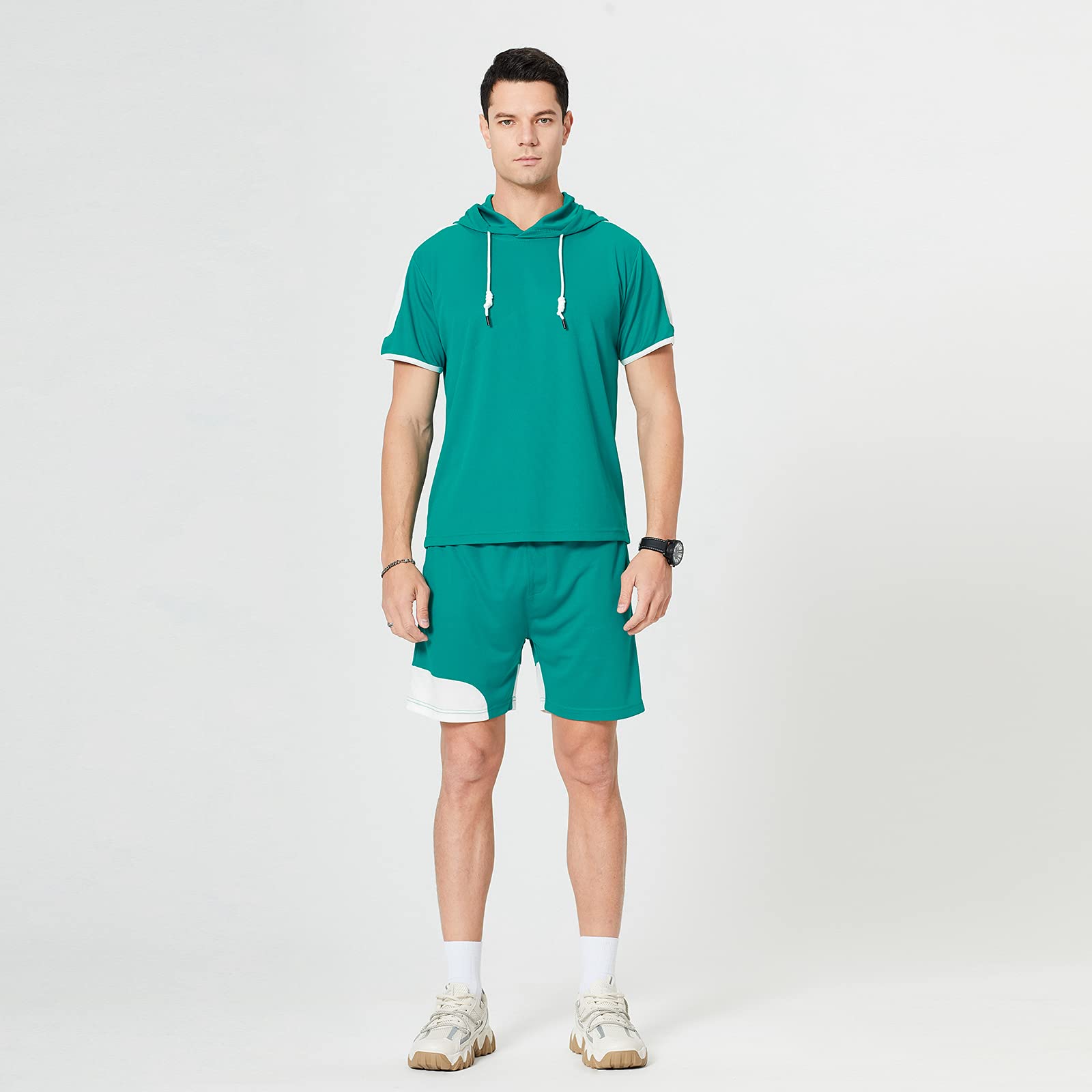 AOTORR Men's Hooded Athletic Tracksuit Set Short Sleeve Running Jogging Athletic Sweat Suits for Summer Green L