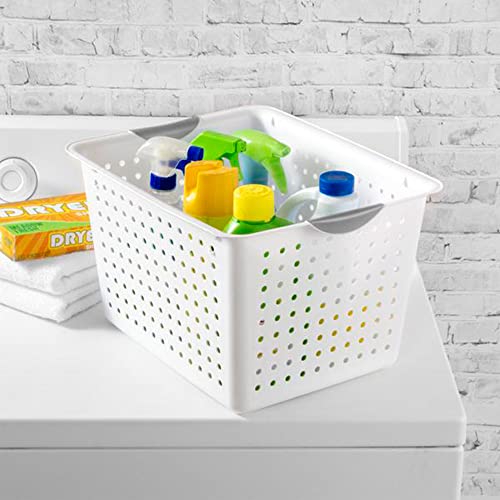 Sterilite Large 16 x 13 x 10 Inch, Plastic Deep Ultra Storage Basket Tote with Contoured Handles for Home and Office Organization, White (12 Pack)