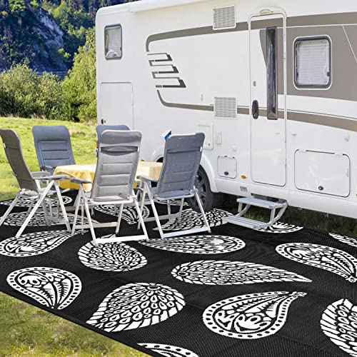 Deeliva Outdoor Camping RV Rug Mat, 9'x12' Waterproof Large Camper Rug Reversible Plastic Straw Rug Outdoor Rugs for Camping, RV, Patio Clearance, Deck, Picnic, Beach (Black & White, Paisley)