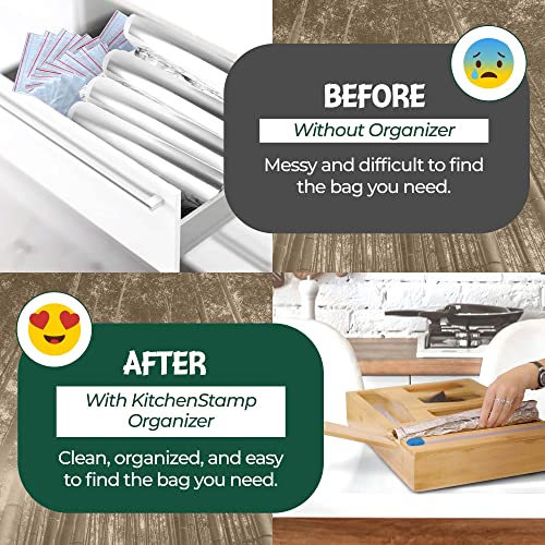 KitchenStamp Ziplock Bag Organizer for Drawer (2023), 6 in 1 Foil and Plastic Wrap Organizer, Compatible with Ziplock, Glad, and Hefty Bags & 12" Aluminum Foil and Plastic Rolls (18.5 x 14.2 x 3.0)