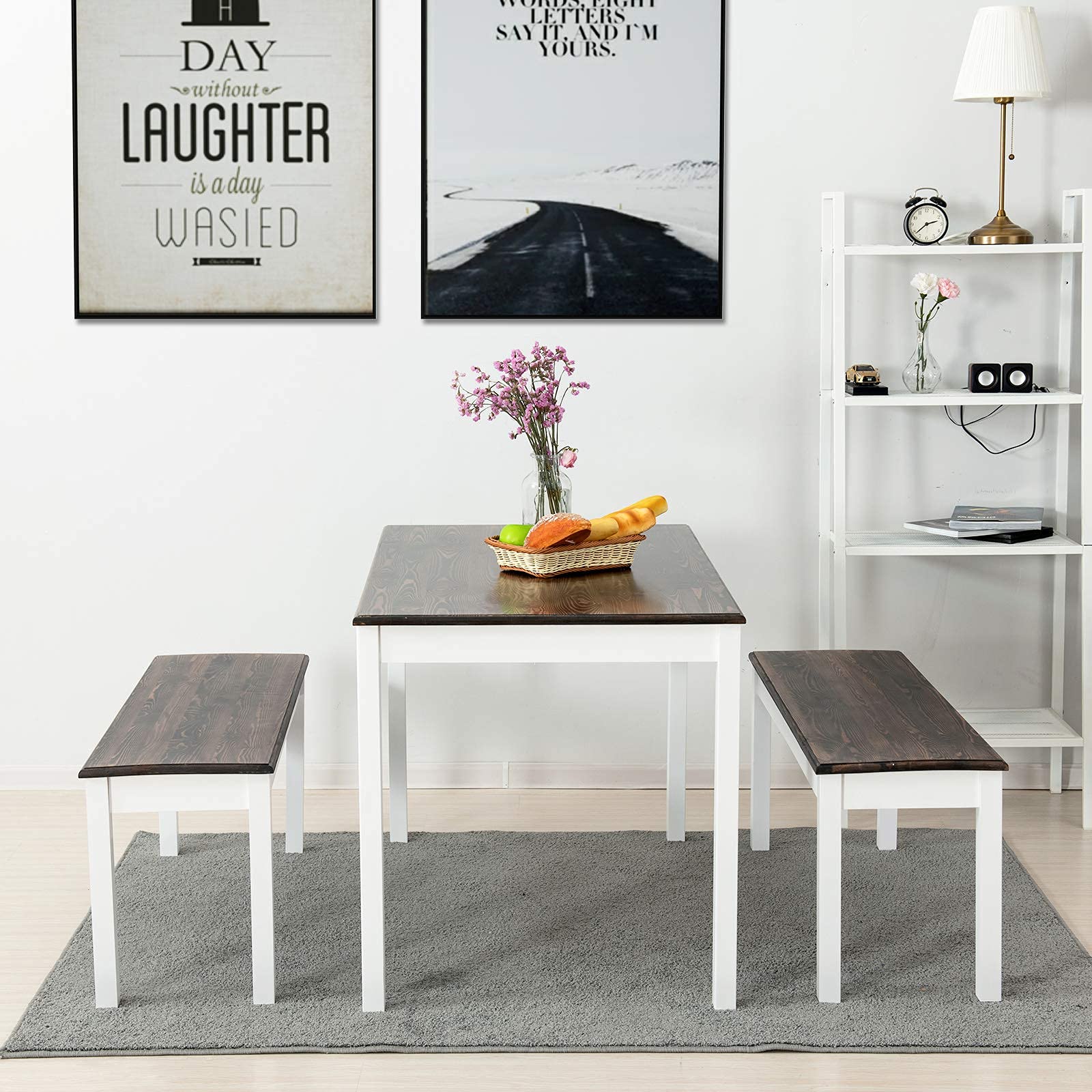Alohappy 3 Piece PineWood Dining Set for 4,45" Dining Room Table Set with 2 Benches for Home Kitchen Dining Room Furniture,Bench Style & Space-saving (Grey)