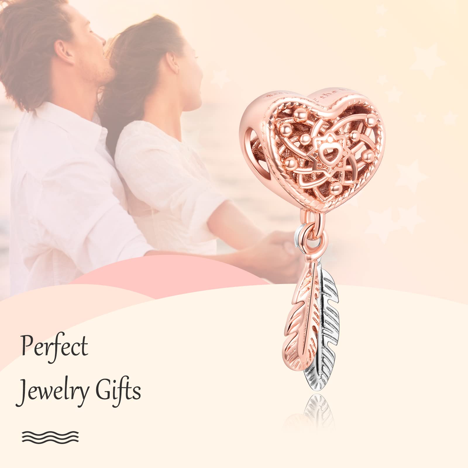 Annmors 925 Sterling Silver Charms for Bracelets and Necklaces Openwork Heart&Two Feathers Dreamcatcher Charms Jewelry Gift for Women