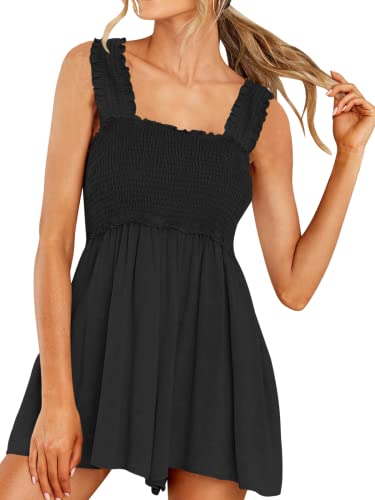 DEEP SELF Romper for Women, Wide Leg Summer One-Piece Shorts Jumpsuit with Straps and Pockets (Large, 1-Black)