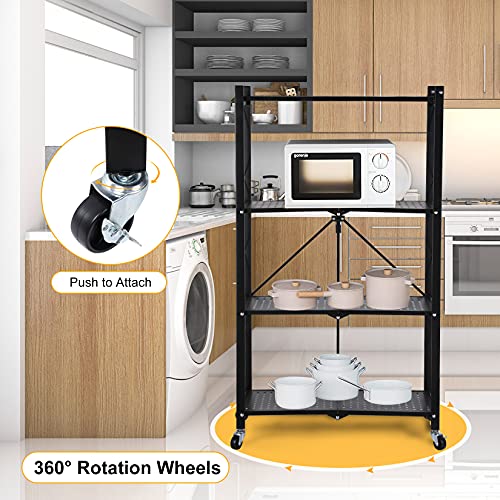 Simple Deluxe 4-Tier Heavy Duty Foldable Metal Rack Storage Shelving Unit with Wheels Moving Easily Organizer Shelves Great for Garage Kitchen Holds up to 1000 lbs Capacity, Black, 1-Pack