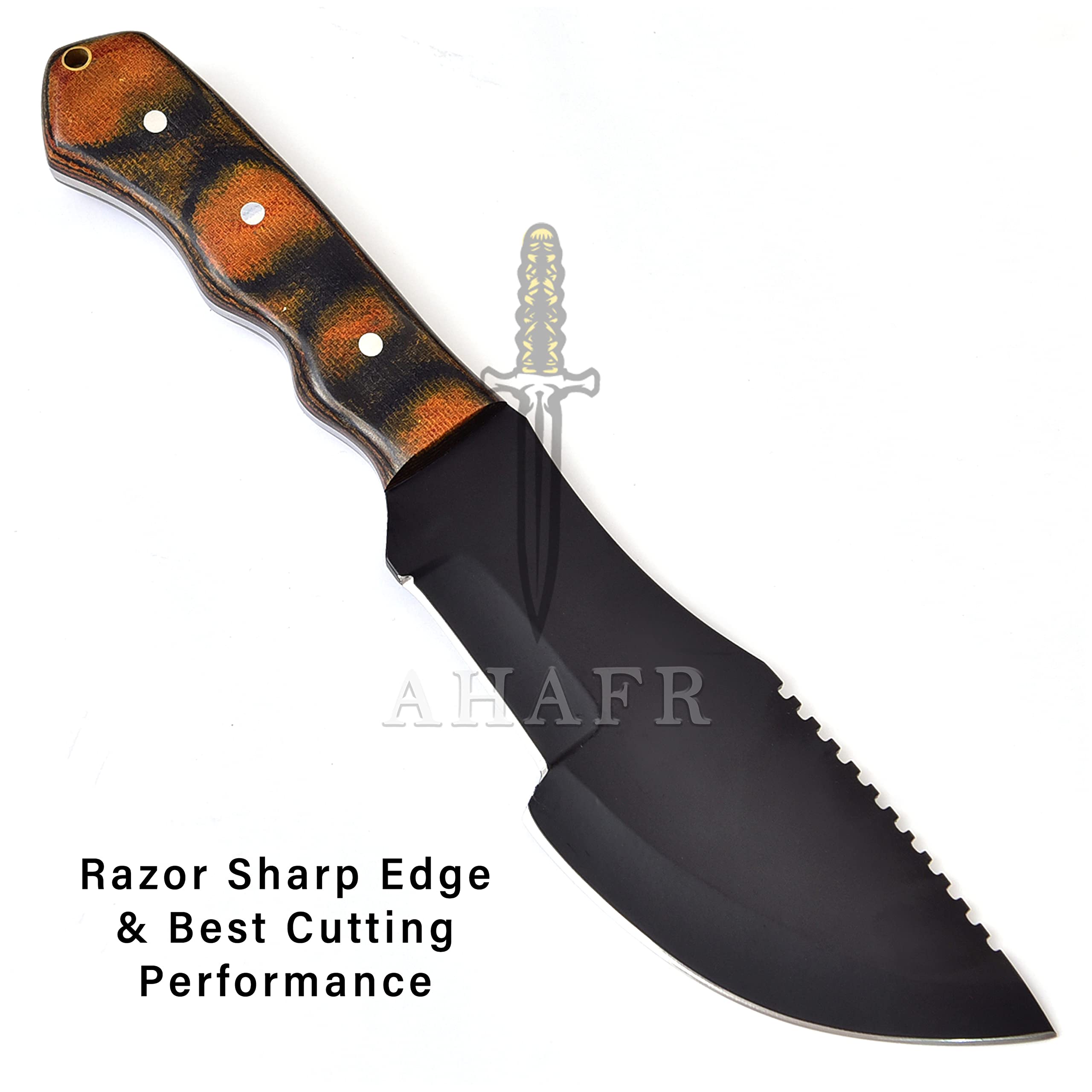 AHAFR DW-103-TK Tracker Knife 11.50" Handmade D2 Steel Tracker Knife Blackened Powder Coated Blade Micarta Handle With Leather Sheath For Hunting And Camping
