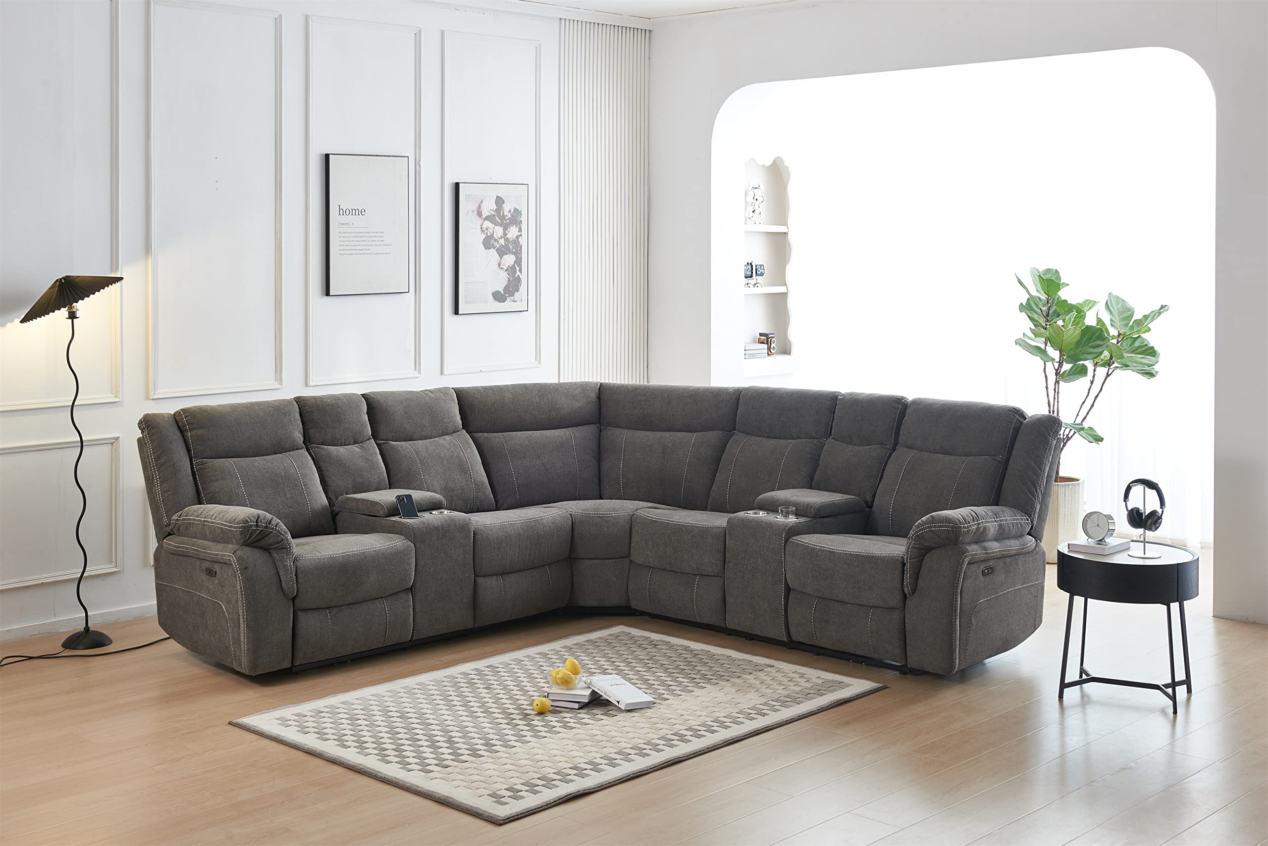 Elountik Modern Fabric Upholstered Power Reclining Sectional Couch with 2 Power Recliners, 2 Storage Consoles, 4 Cup Holders, USB Charging Ports, Gray Frabic