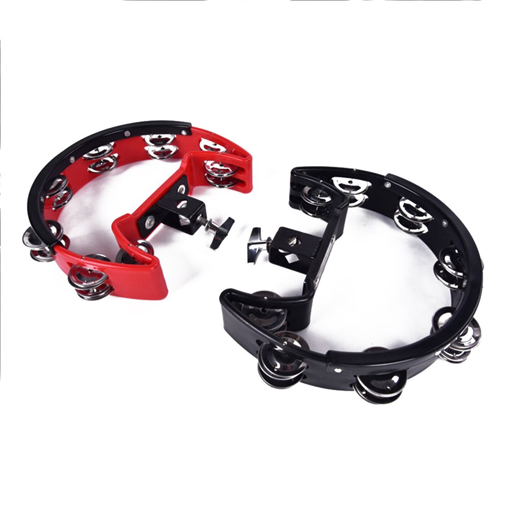 Drum Set Tambourine with Mounting Eye Bolt,Hi Hat tambourine(Black,Red) (8 double rows of jingles, Red)