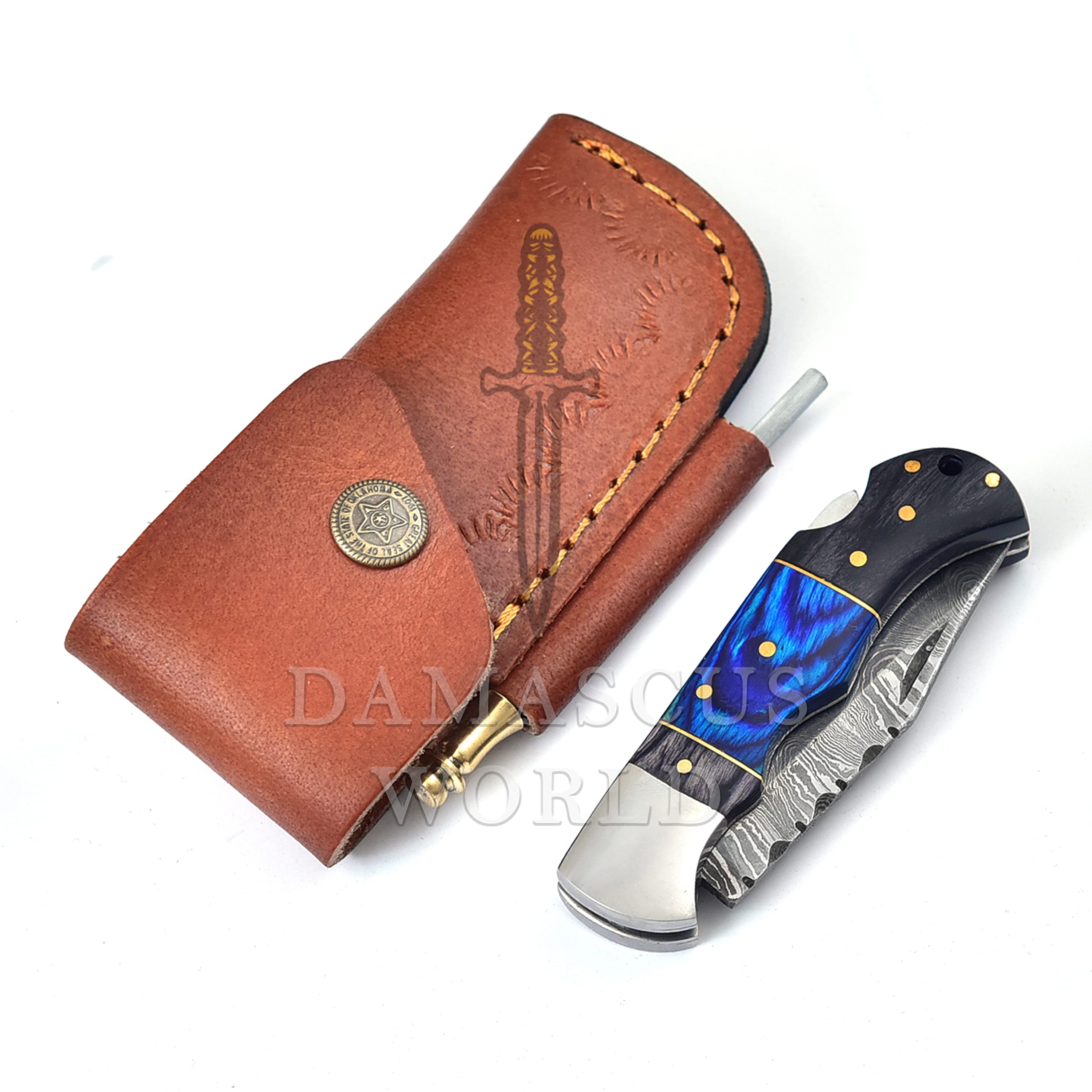 AHAFR DW-995-FLD 6.5 Inch 100% Handmade Damascus Folding Knife for Men - Folding Hunting Knife with Back Lock Leather Sheath & Knife Sharpener (Black Pakka Wood)