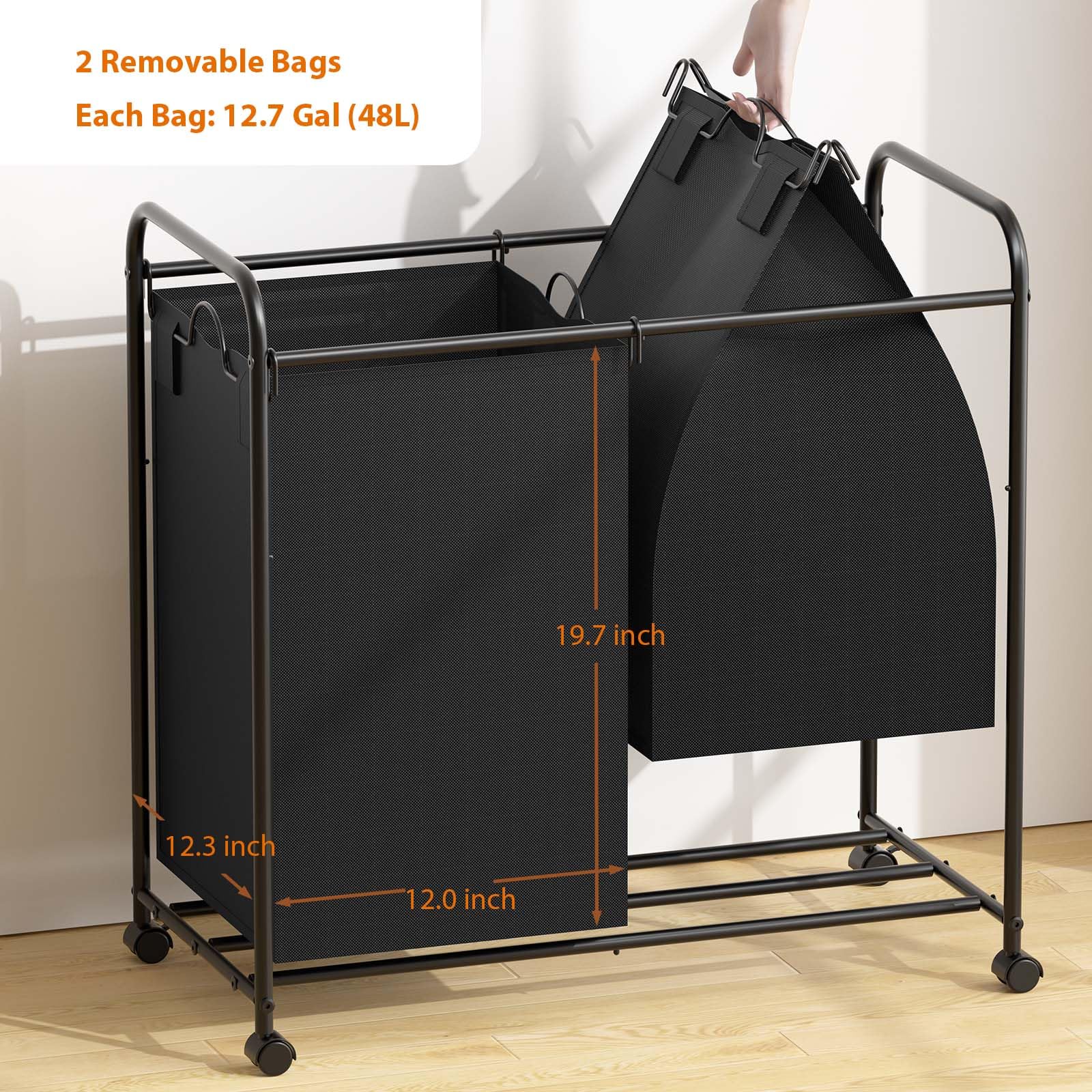 Tinpin Double Laundry Hamper with Lid, Laundry Basket with Wheels, 96 L Laundry Sorter, Dirty Clothes Hamper for Laundry 2 Section, Dark Grey (Upgrade)