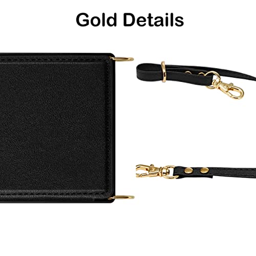 DEFBSC Compatible with Samsung Galaxy S21 FE Case, Crossbody Wallet Case, Adjustable Detachable Lanyard Neck Strap with Kickstand Leather Card Holder Protective Cover-Black