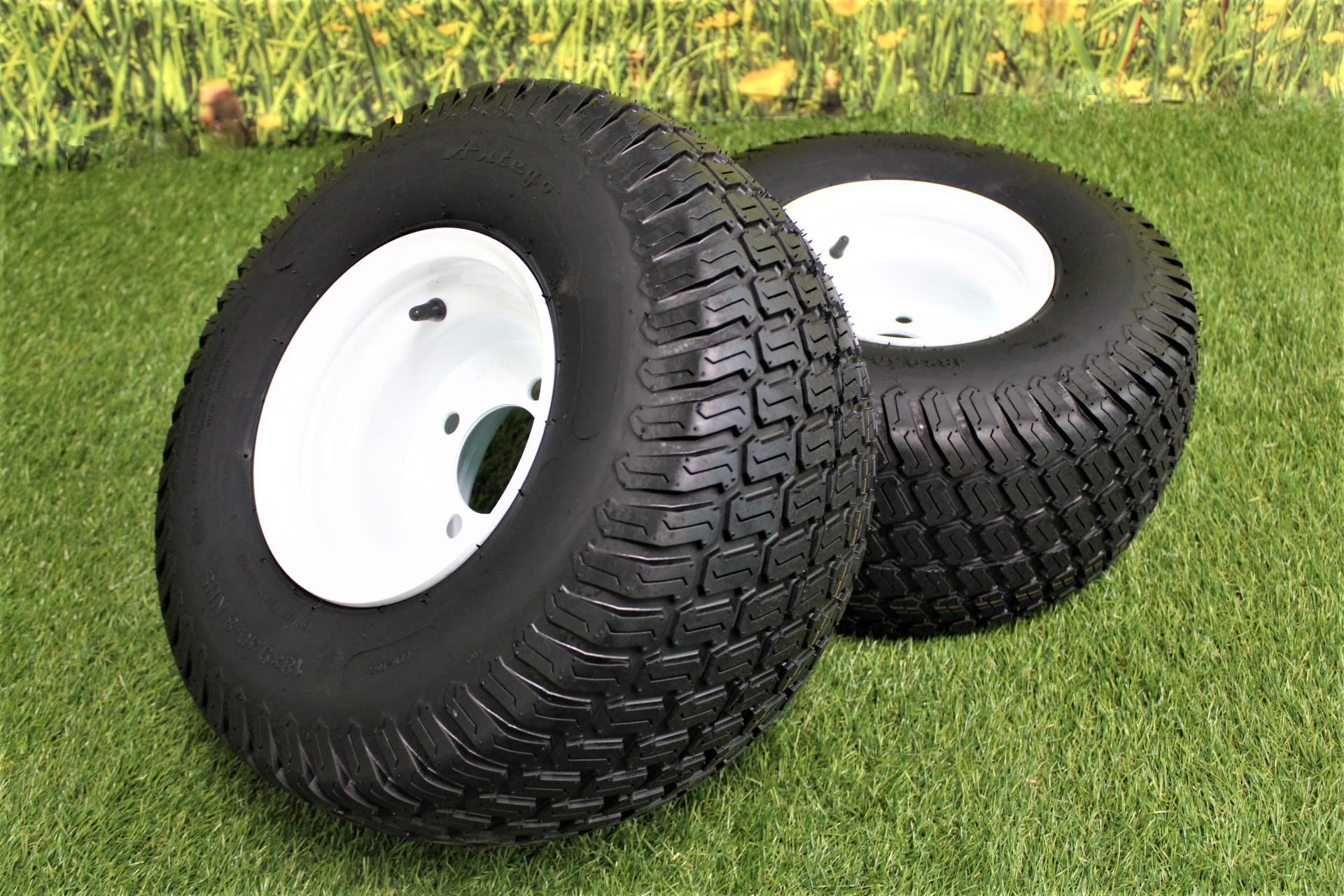 Antego Tire & Wheel - Set of Two 18x9.50-8 4 Ply Tire & Wheel Assemblies | White 8x7 Wheel | Direct Replacement for Toro/Exmark 110-6883, 120-2249 | Suitable for Golf Carts & Some Craftsman Mowers