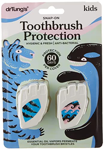 Dr. Tung's KIDS Snap-On Toothbrush Protector 2 Count, Fits Most Manual and Power Brushes, Powerful Natural Vapors Circulate Through the Bristles - Assorted Colors