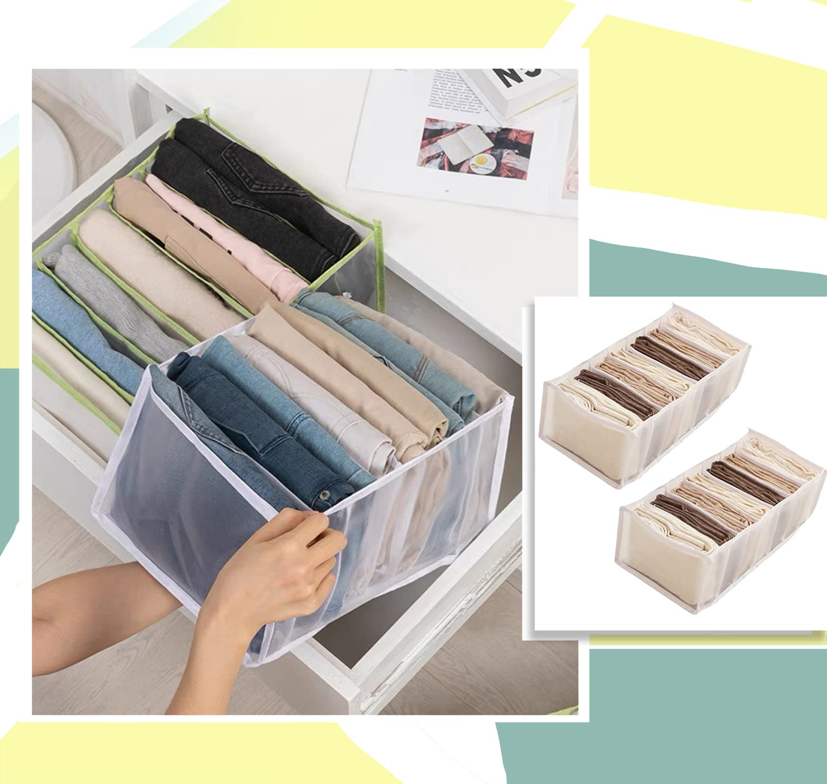ORAV 7 Grids Wardrobe Organizer, Jeans Compartment Mesh Cloth Storage Box - Portable Pants drawers organizer for folded clothes (2Pcs Small, White)