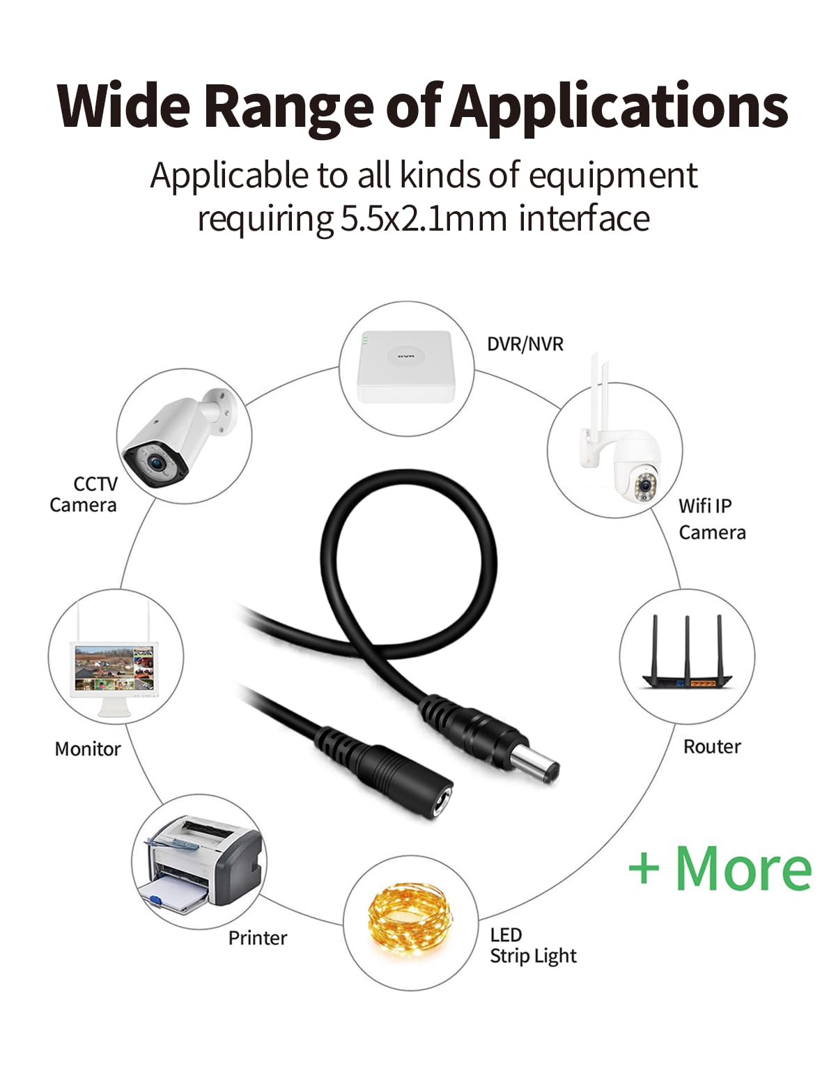 Tonton Power Extension Cable 33ft 10M 2.1mm x 5.5mm Compatible with 12V DC Adapter Cord for CCTV Security Camera IP Camera Standalone DVR