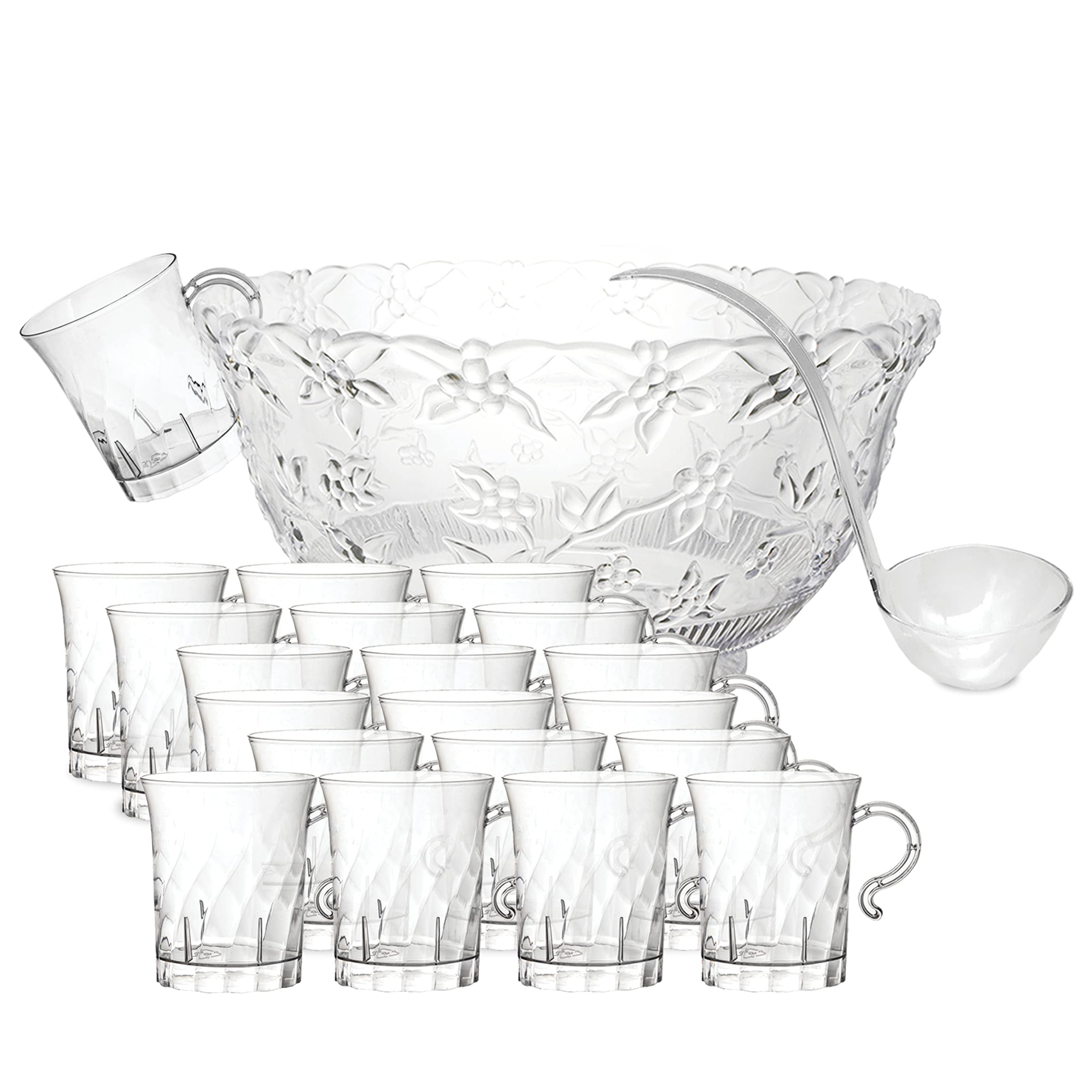 Party Essentials Plastic Punch Set with Ladle and Drinkware, Party Serveware for Cocktails, Fruit Punch, Tea, and Juices, Clear, 12 Qt Bowl + 20 Coffee Cups (8 oz.)
