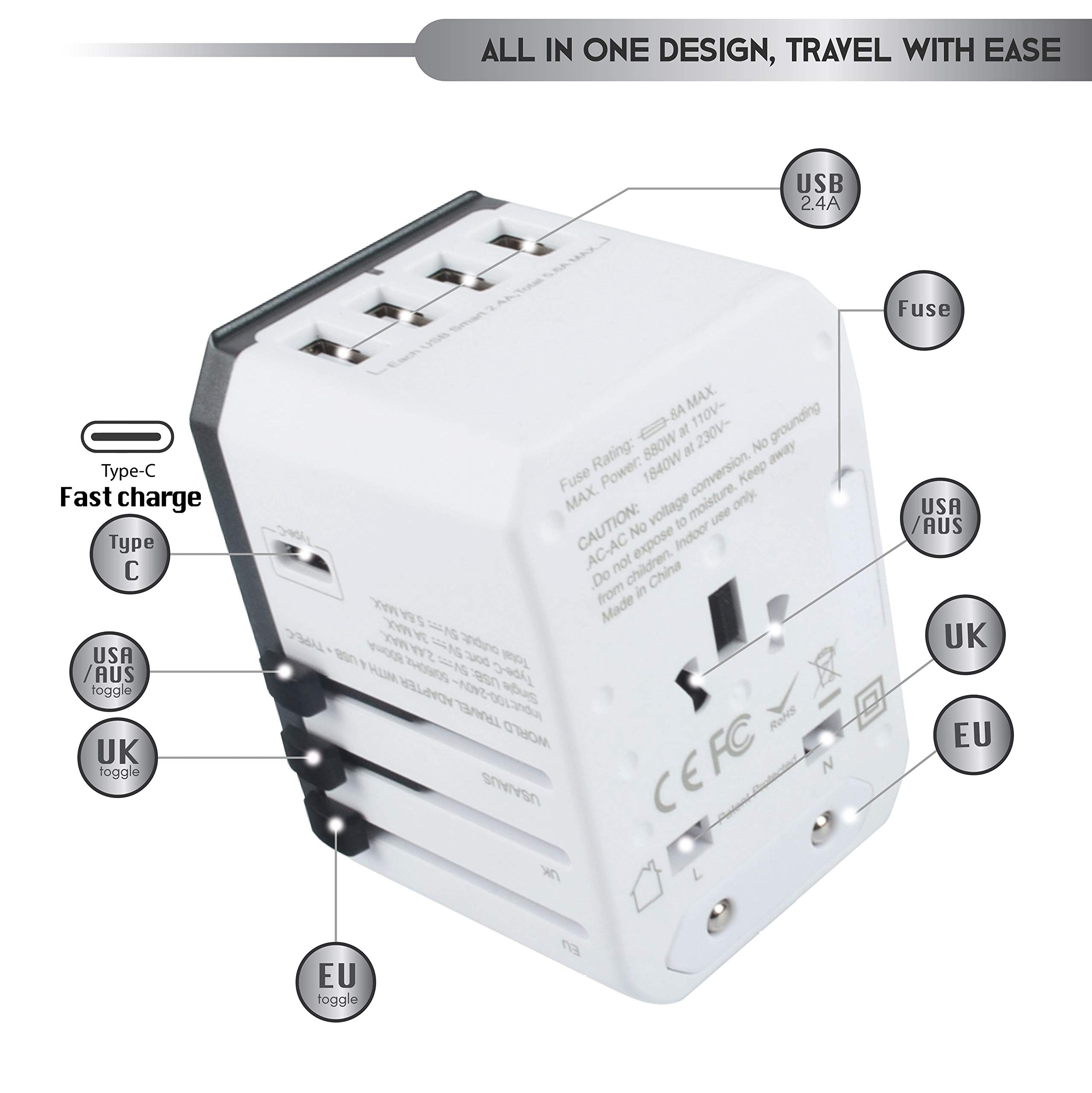 Power Plug Adapter - International Travel (w/5 USB Ports and USB Type C)- Work 150+ Countries - 220 Volt Travel Adapter - Type C A G I A/C - UK Japan China EU Europe European