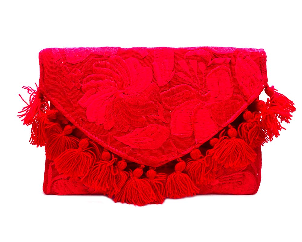 Floral Embroidered Pom Tassel Fringe Slim Envelope Clutch Purse Crossbody Strap Bag - Women Fashion Handmade Boho Accessories (Red)