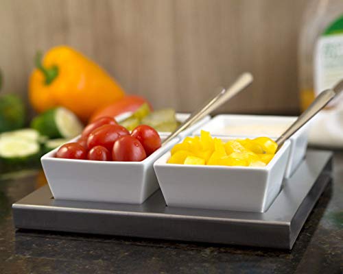 White Ceramic Appetizer Condiment Relish Serving Bowl Set of 4 With Spoons & Stainless Steel Tray (Modern Square)