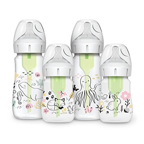 Dr. Brownās Natural FlowĀ® Anti-Colic Options+⢠Wide-Neck Baby Bottle Designer Edition Bottles, Ocean and Woodland Design, 9 oz and 5oz, Level 1 Nipple, 4-Pack, 0m+