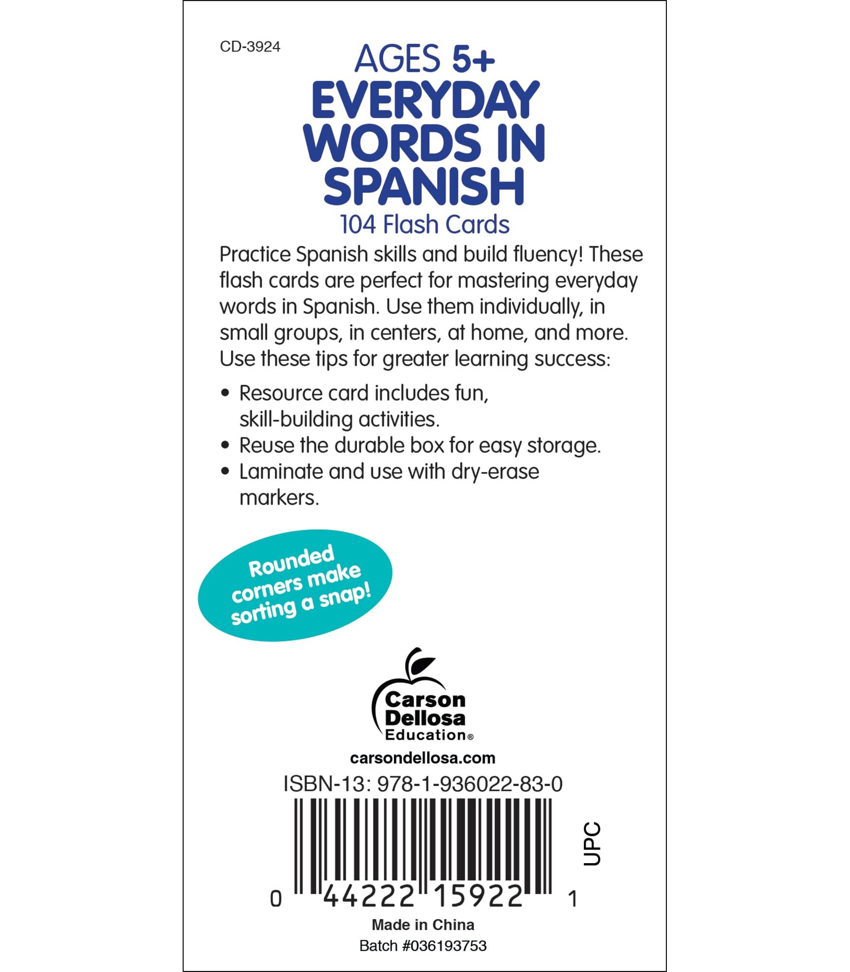 Carson Dellosa 104 Spanish Flash Cards for Kids, Spanish Vocabulary Flash Cards for Beginners, Picture Flash Cards for Toddlers, Learning Spanish Game for Beginners