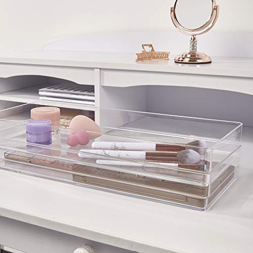 STORi SimpleSort 2-Piece Stackable Clear Drawer Organizer Set | 15" x 6" x 2" Rectangle Trays | Wide Makeup Vanity Storage Bins and Office Desk Drawer Dividers | Made in USA