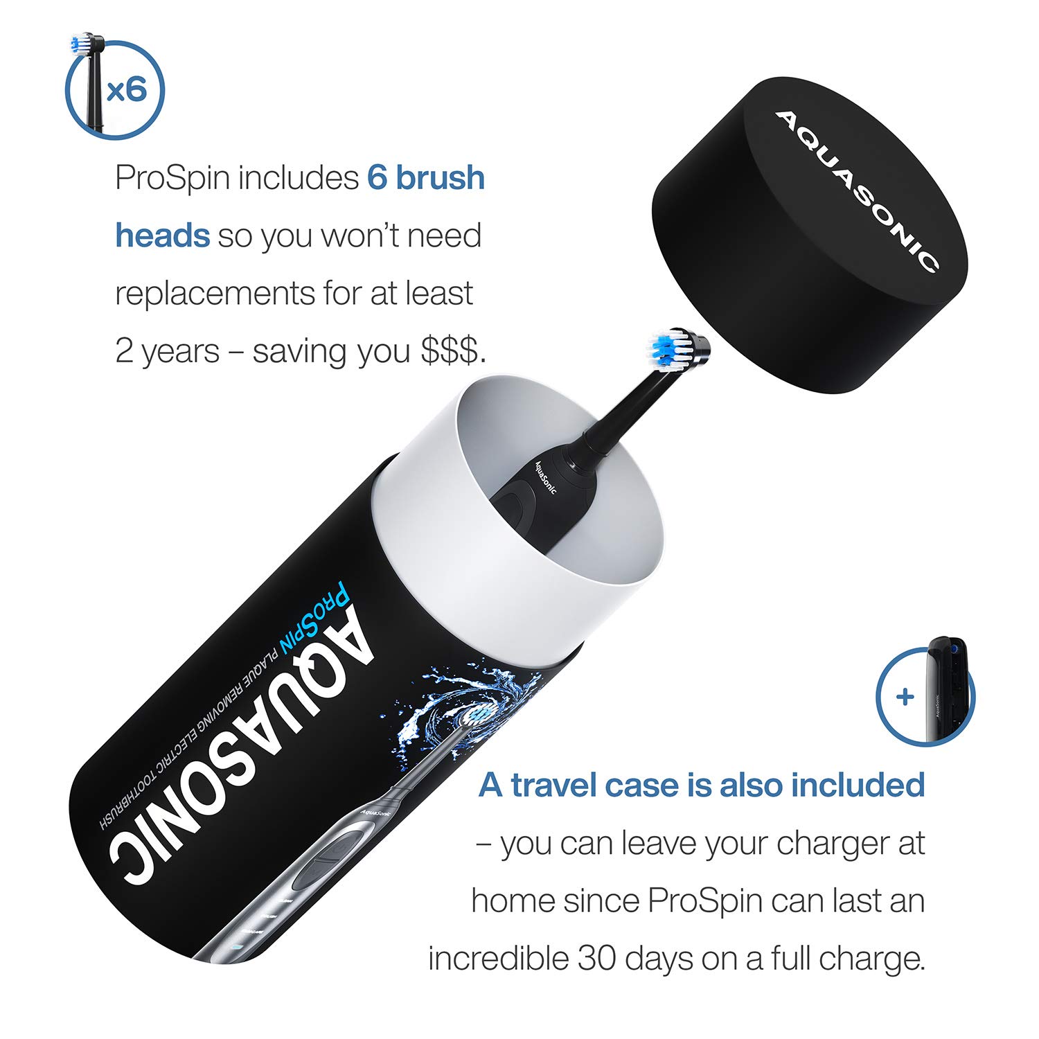 Aquasonic ProSpin Electric Toothbrush, Blue, Battery Powered, Unisex-Adults, 6 Dual-Action Brush Heads, Wireless Charging Dock, Custom Travel Case