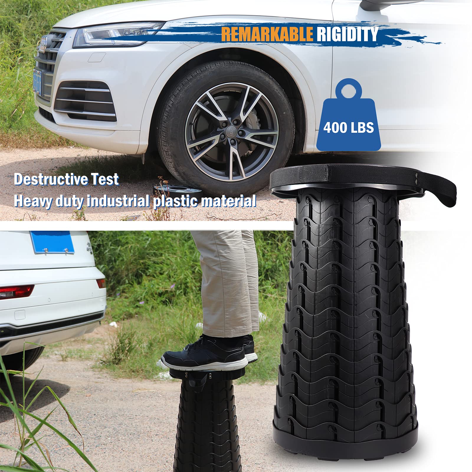 AllynX Adjustable Telescopic Folding Stool, 2022 Upgraded Portable Retractable Telescoping Stool, Collapsible, Heavy Duty, Lightweight Sturdy Seat for Adults Camping Hiking Travel Outdoor Black