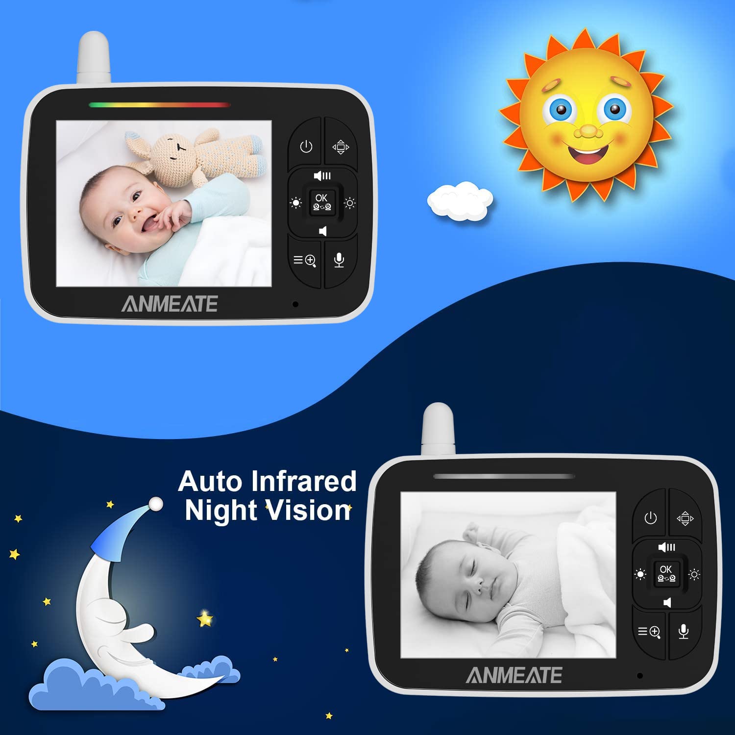 ANMEATE Baby Monitor with Remote Pan-Tilt-Zoom Camera, 3.5inch Large Display Video Camera,Audio |Infrared Night Vision |Two Way Talk | Room Temperature| Lullabies 960ft Range