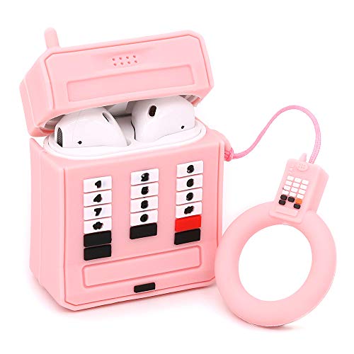 Yonocosta Cute Airpods Case, Airpods 2 Case, Fashion Funny 3D Cartoon Pink Retro Cellular Phone Shaped Full Protection Shockproof Soft Silicone Charging Case Cover Skin with Keychain for Airpods 1&2