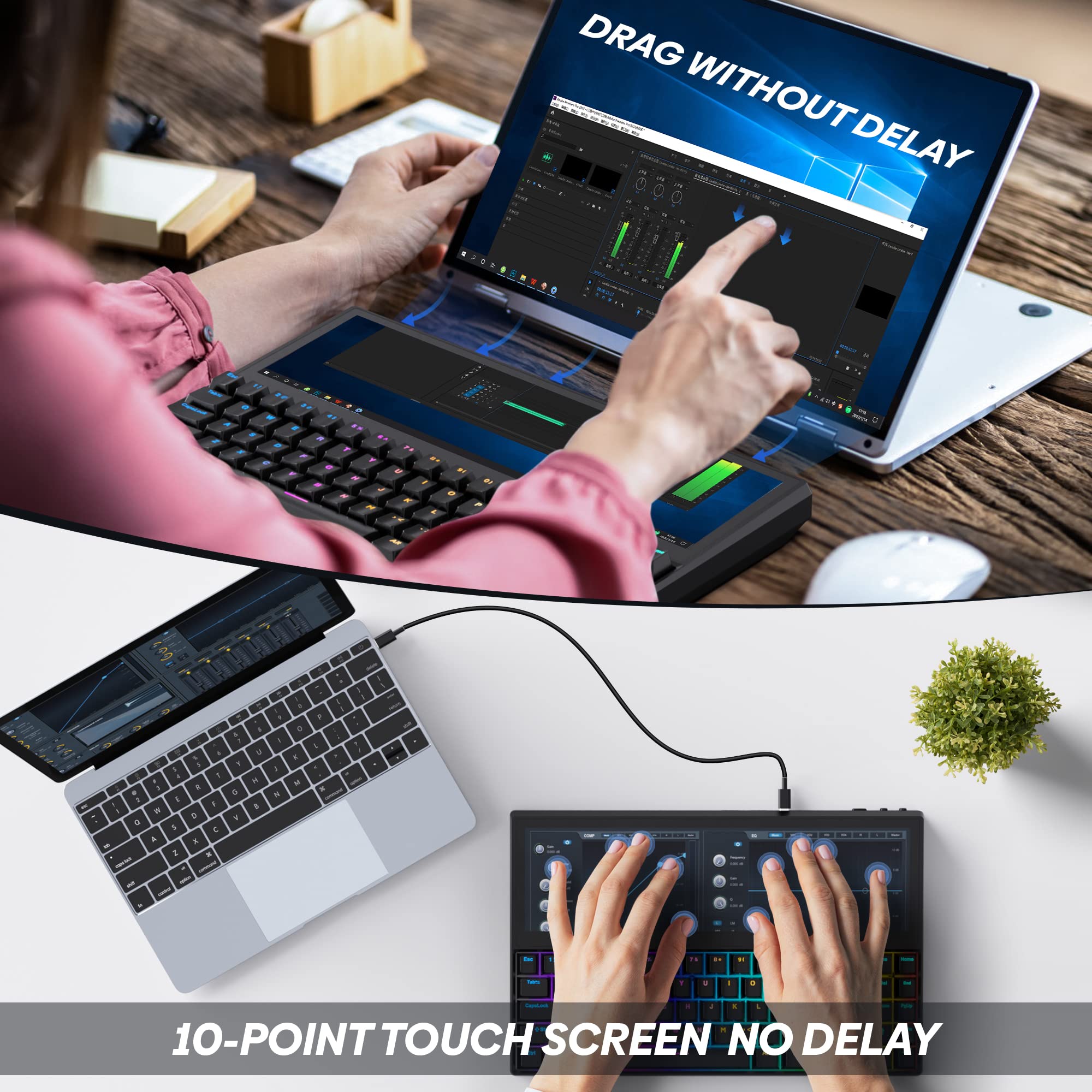 Kwumsy Portable Monitor Split Screen Keyboard Mechanical Multifunctional Keyboard with Built-in 12.6'' Touchscreen USB Expansion Compact 71 Keys RGB LED Backlit N-Key for Windows Mac Android (K2)