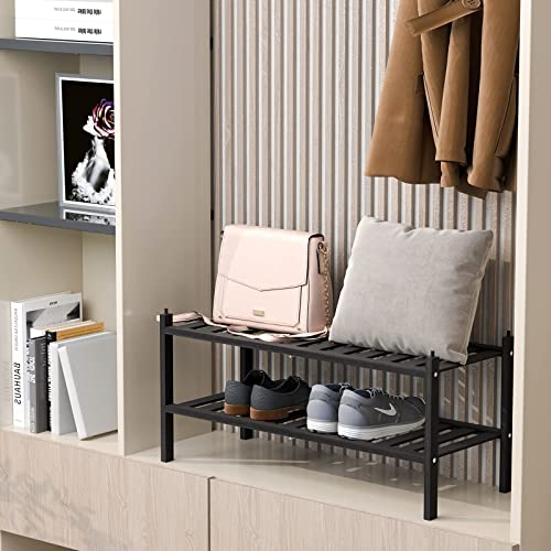 Dranixly Shoe Rack, 2-Tier Bamboo Stackable Shoe Shelf Storage Organizer, Shoe Stand for Closet, Entryway and Hallway (Black)