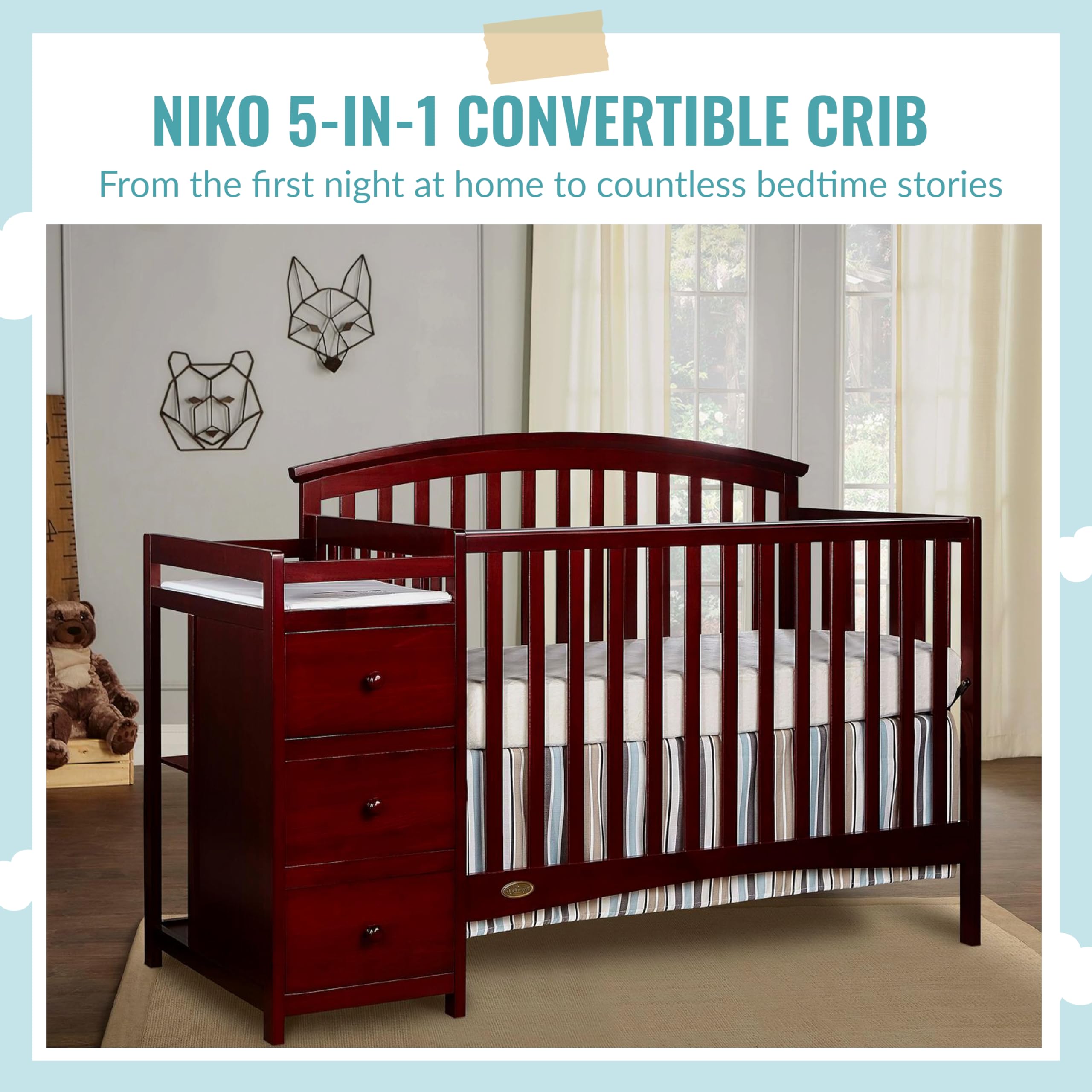 Dream On Me Niko 5-in-1 Convertible Crib with Changer in Cherry, Greenguard Gold Certified