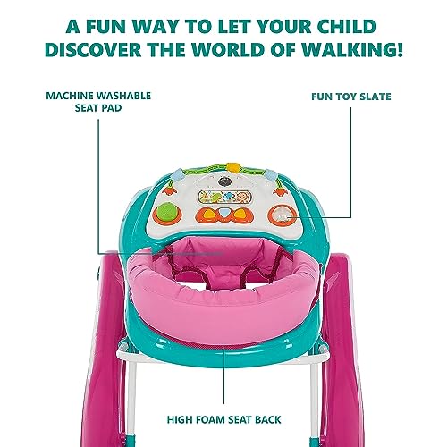Dream On Me 2-in-1 Ava Baby Walker, Easy Convertible Baby Walker, Walk Behind, Height Adjustable Seat, Added Back Support, Detachable-Toy Slate, Teal Pink