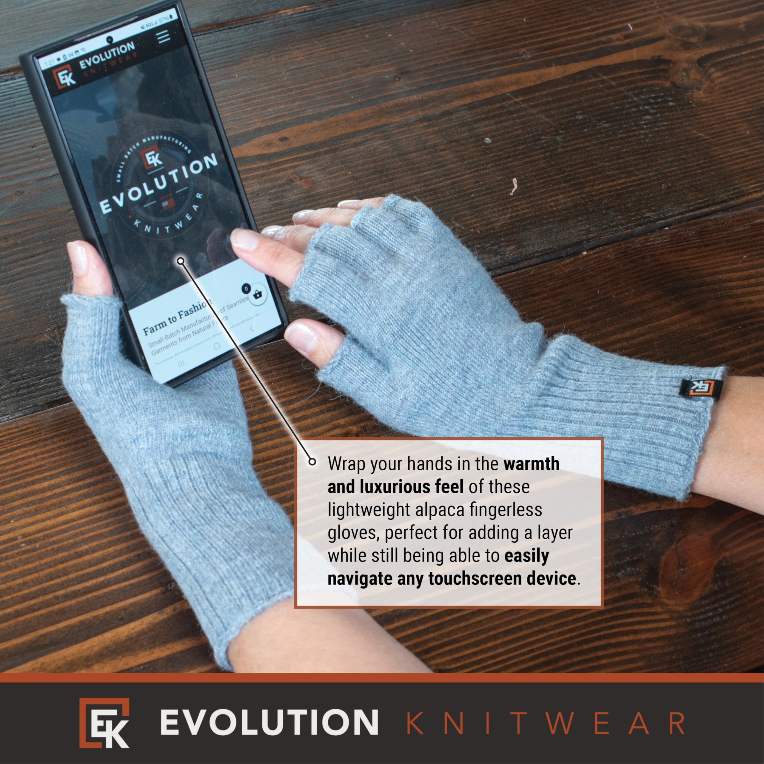 Evolution Knitwear Alpaca Knit Fingerless Gloves - Super Soft Baby Alpaca - Made in the USA - Small - Blue Grey
