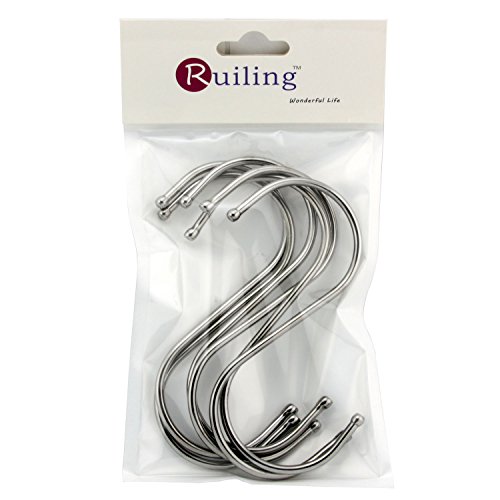 RuiLing 6-Pack 4.7 Inches Extra Large S Shape Hooks,Heavy-Duty Stainless Steel Hanging Hooks - Multiple uses,Ideal for Apparel, Kitchenware, Utensils, Plants, Towels, Gardening Tools.