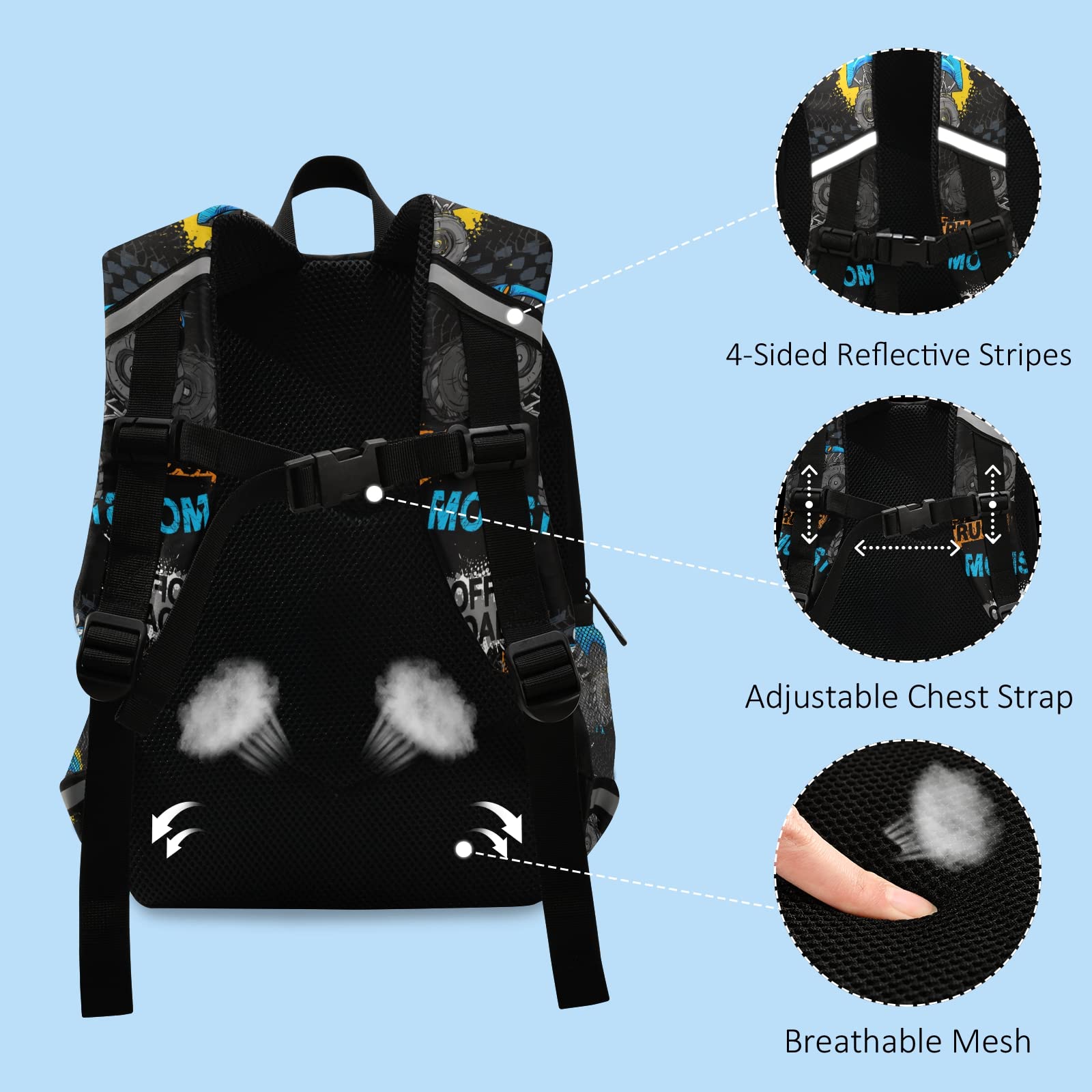Cartoon Monster Truck Backpack Monster Jam Bookbag Kids Daypack Toddler Travel School Bag Small Mini Backpacks for boys with Chest Strap