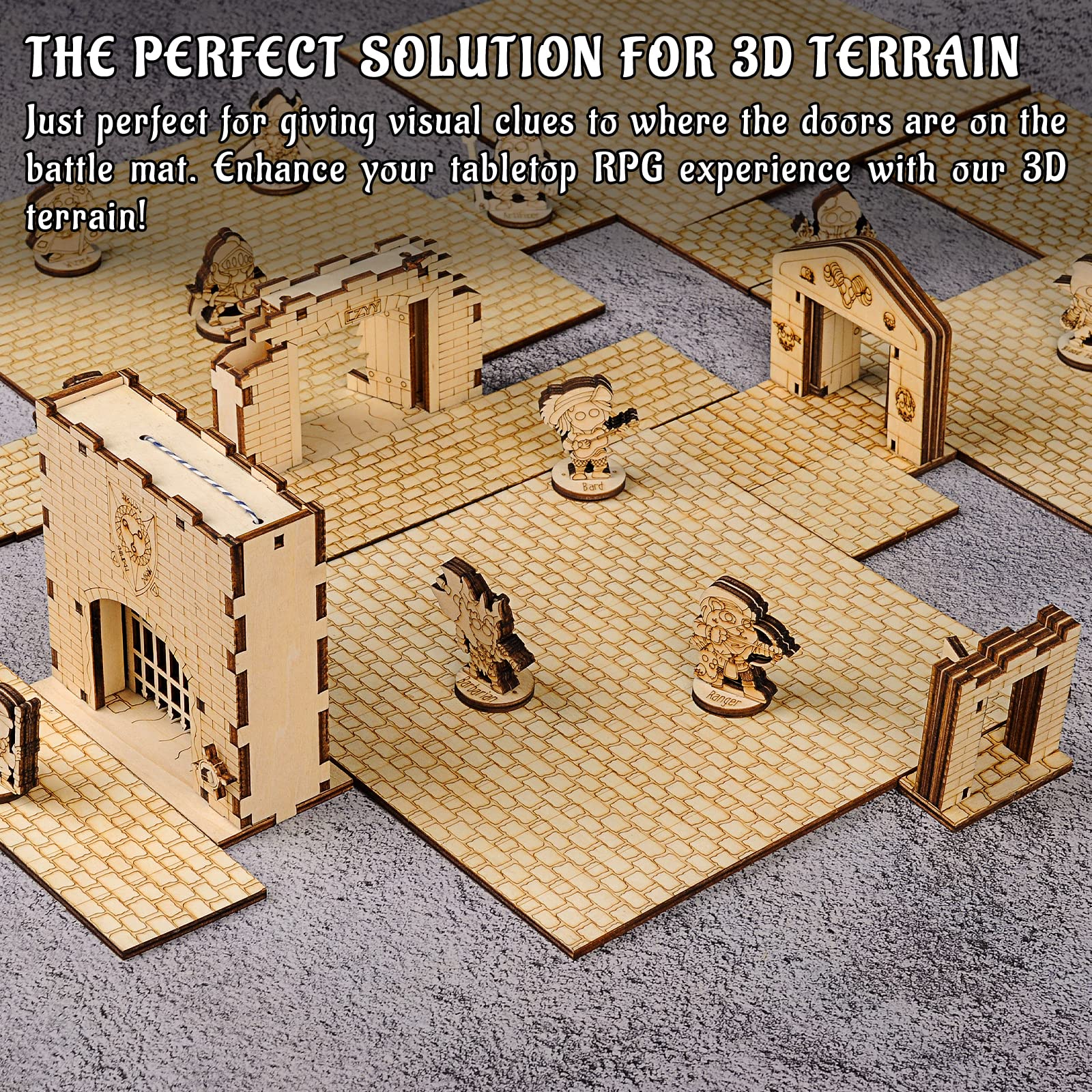 Dungeon Door & Portcullis Gate Miniatures (Set of 4) Wooden Laser Cut Open and Closed Fantasy Terrain 28mm Scale for Dungeons & Dragons, Pathfinder, D&D and Other Tabletop RPG