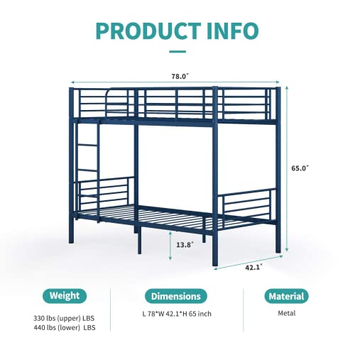 Alohappy Bunk Bed Twin Over Twin,Heavy Duty Metal Twin Bunk Beds Frame with Removable Ladder,No Box Spring Needed,Space-Saving,Easy to Climb,Urban Industrial Style(Dark Blue)