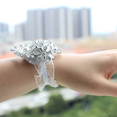 WANLIAN Wrist Corsage with Peal and Rhinestone Corsage and Boutonniere Set for Wedding,Prom,Party (Silver Gray,2 Pieces)